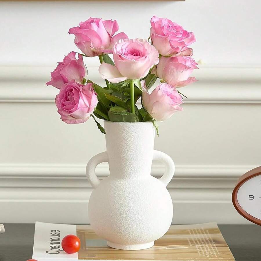 White Ceramic Flower Vase, 8'' Modern Decorative Vases Minimalism Boho ...