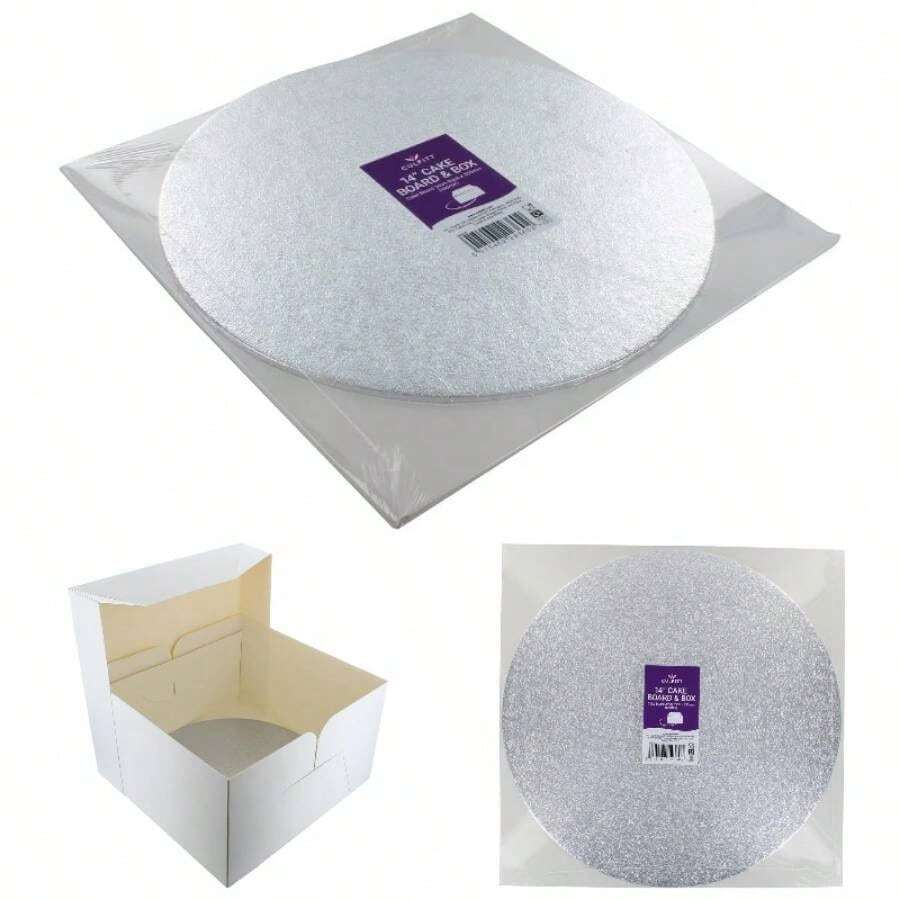 10 Round Silver Cake Card White Box Combo, 3mm Turned Board And Sponge ...
