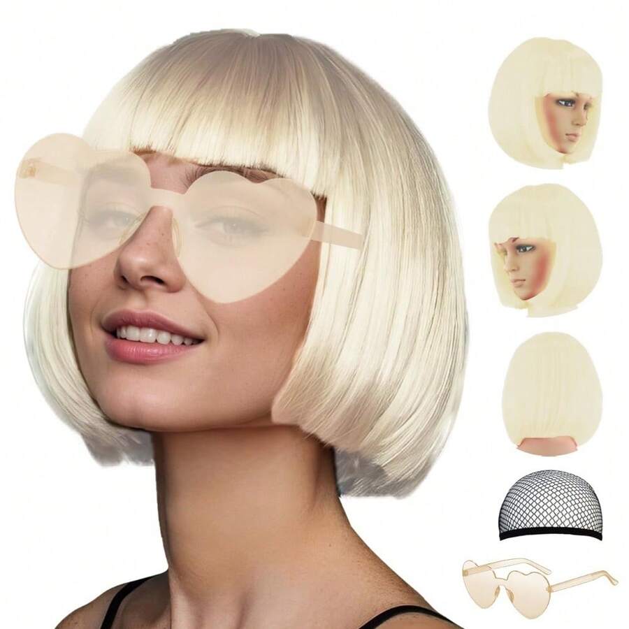 Short Bob Hair Wigs Straight With Flat Bangs Synthetic Colorful Cosplay ...