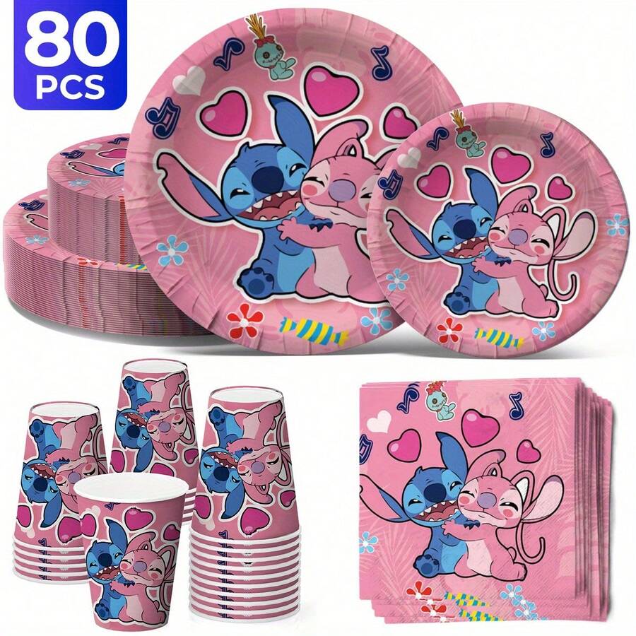 Disney 80-Piece Disney Stitch Disposable Tableware Set, Including 20 ...