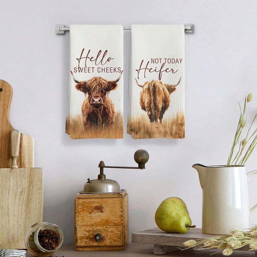 2pcs Highland Cow Kitchen Towel Set, Farmhouse Style Super Soft ...