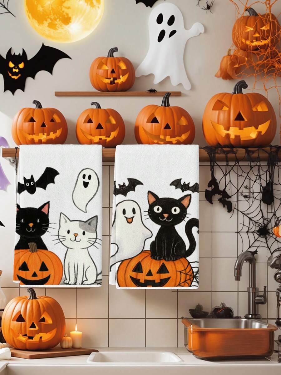 2 Pcs Halloween Bathroom Towel Black Bat Kitchen Towel Cartoon Black ...