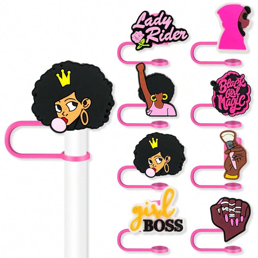 8Pcs Pink Black Product Straw Covers Cap For Tumblers Cup, 10mm Cartoon ...