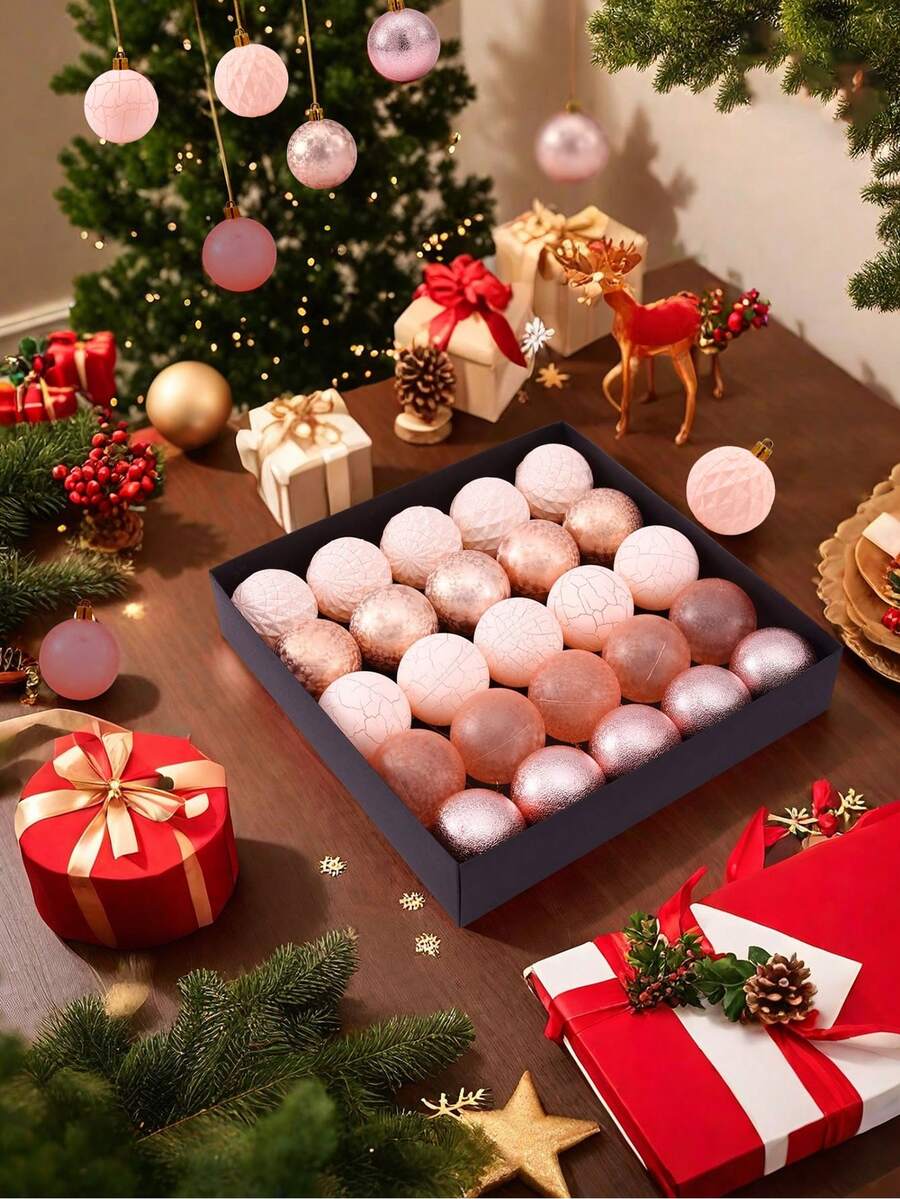 25pcs- Pink Christmas Ball Ornaments Set With String, Christmas Tree ...