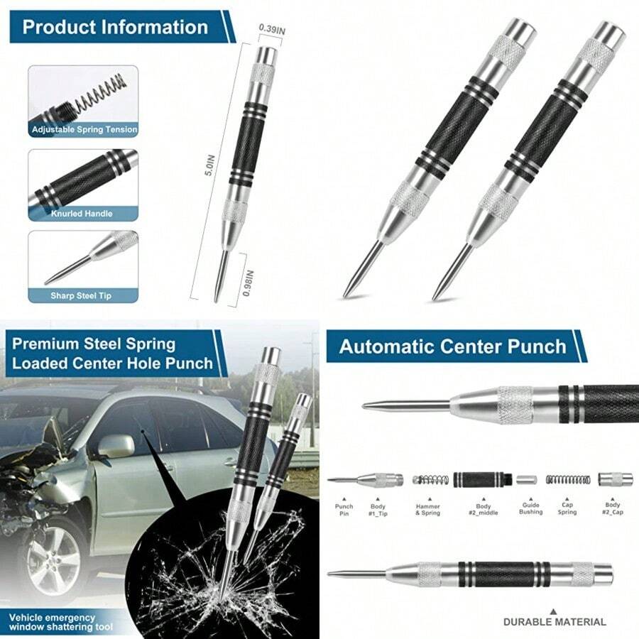 2Pcs Heavy Duty Automatic Center Punch 5'' Premium Steel Spring Loaded Center Hole Punch ...