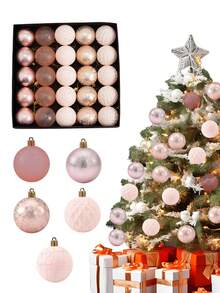 25pcs- Pink Christmas Ball Ornaments Set With String, Christmas Tree ...
