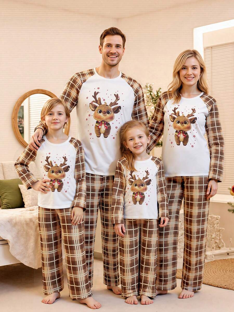 Family Matching Christmas Pajamas Set Plaid And Reindeer Print Holiday ...