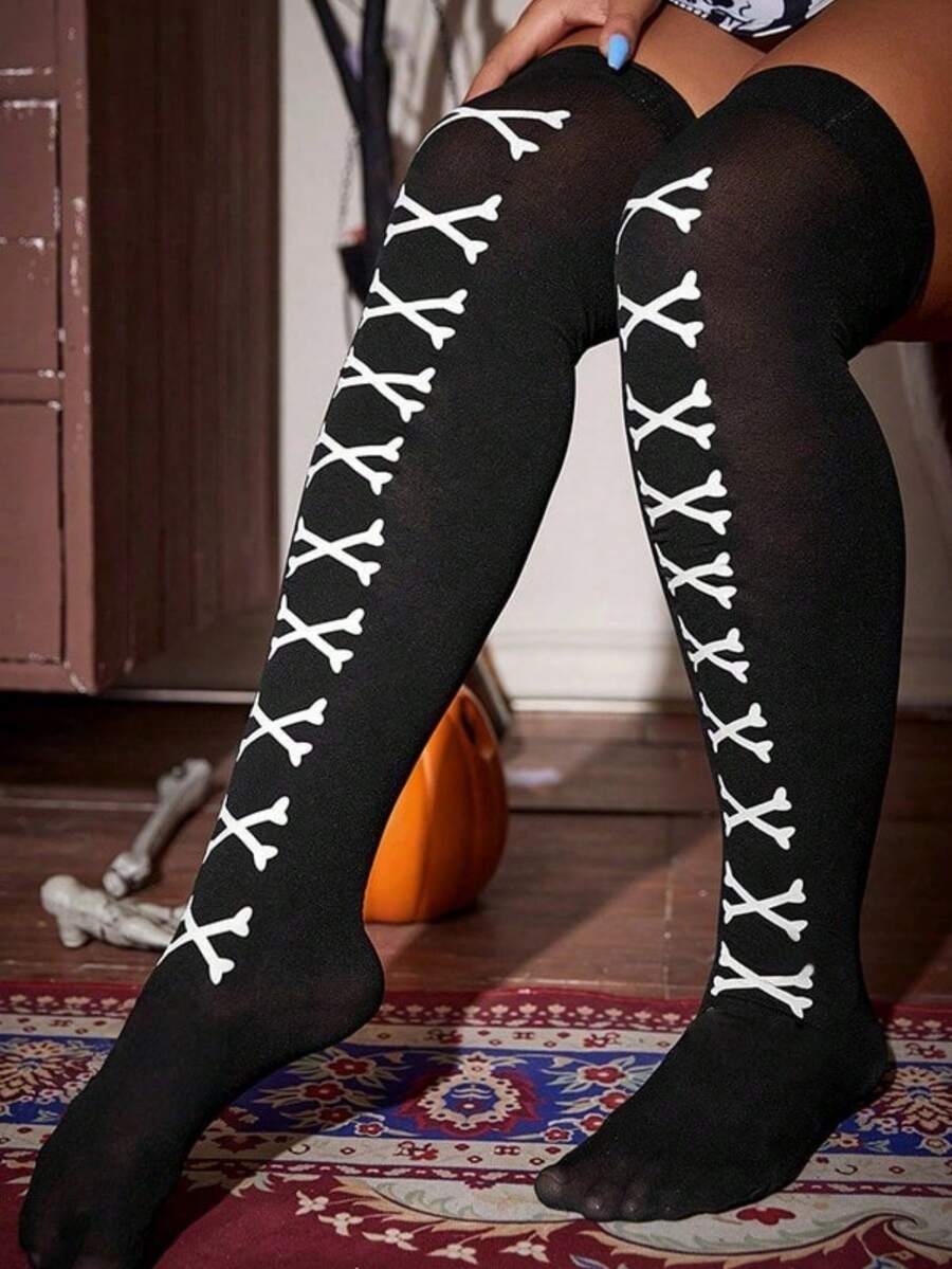 1 Pair Women's Skeleton Bone Over-The-Knee Socks, Halloween Nylon ...