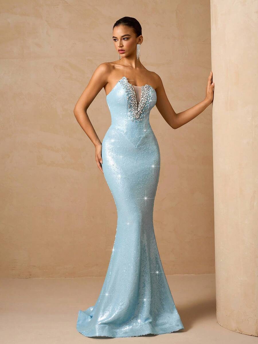 Elisanya Women's New Elegant Beaded Strapless Fish Tail Evening Dress ...