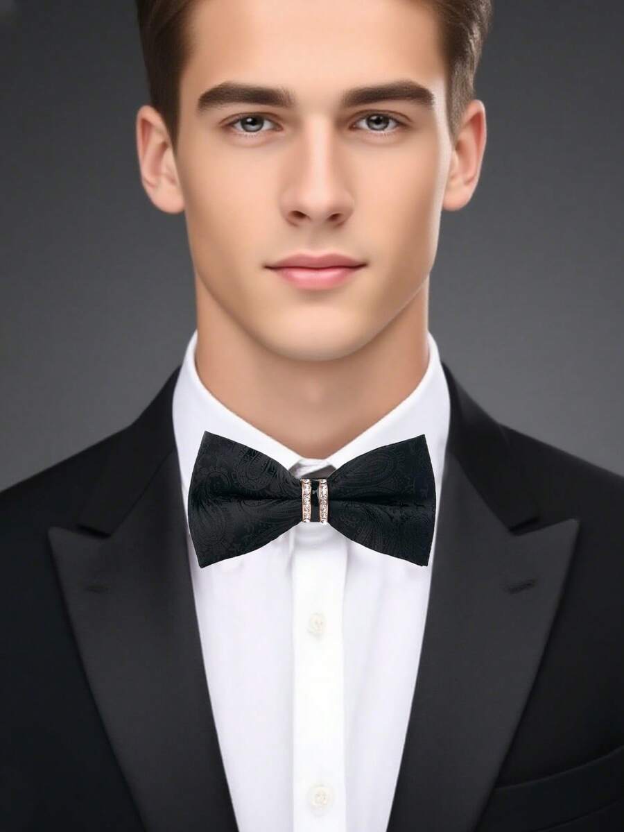 1pc Men's Black Solid Bow Tie, Business Style Versatile Bow Tie With Crystal Pearly Pattern ...