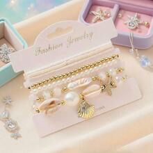 7pcs/Set Seashells, Pearls & Starfish Beads Layered Bracelet Set, Boho ...