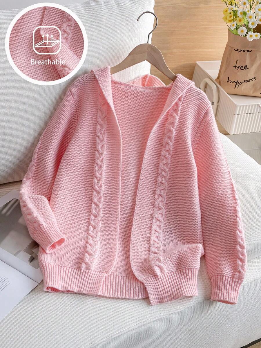 Girls & Teens' Lovely Solid Color Cable Knit Hooded Cardigan, Mid ...