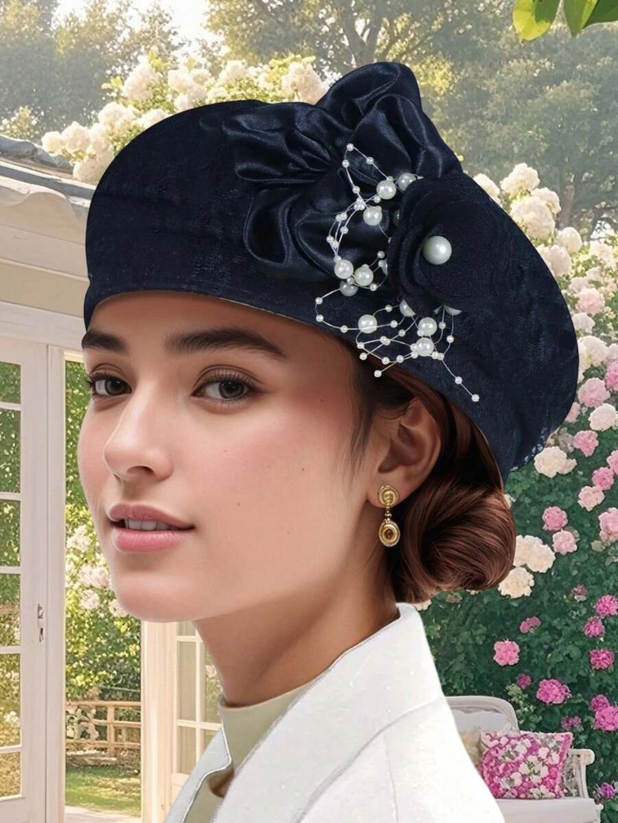 Boina de mujer con flor de perla, gorra sin ala transpirable, sombreros ...