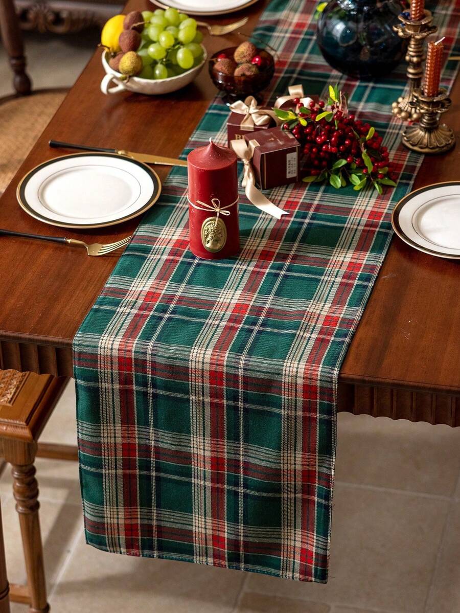 1pc Red & Green Plaid Printed Christmas Table Runner, Christmas Party ...