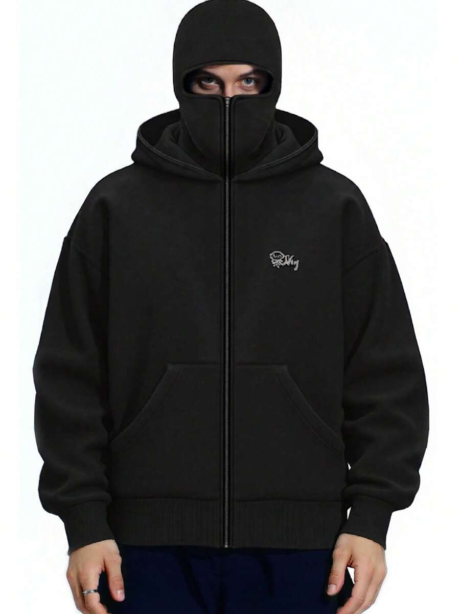 Y2K Street Double Hat Oversized Hoodie Black Full Face Mask Zip Hoodie ...