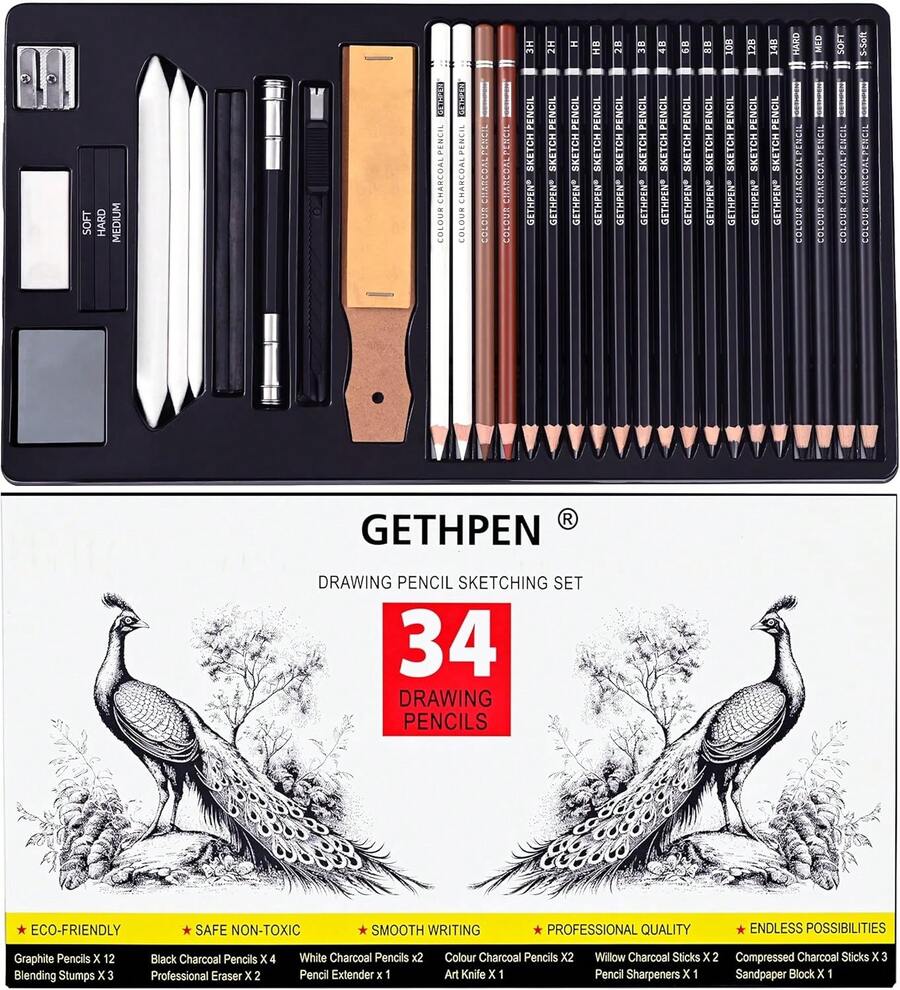 Sketch Pencils Drawing,34 Pcs,Graphite Pencil (14B-4H), Charcoal Pencil ...