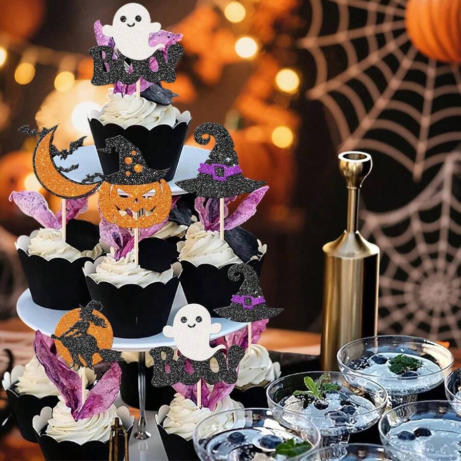 Halloween Cupcake Toppers Cute Ghost Witch Pumpkin Moon Cupcake Toppers ...