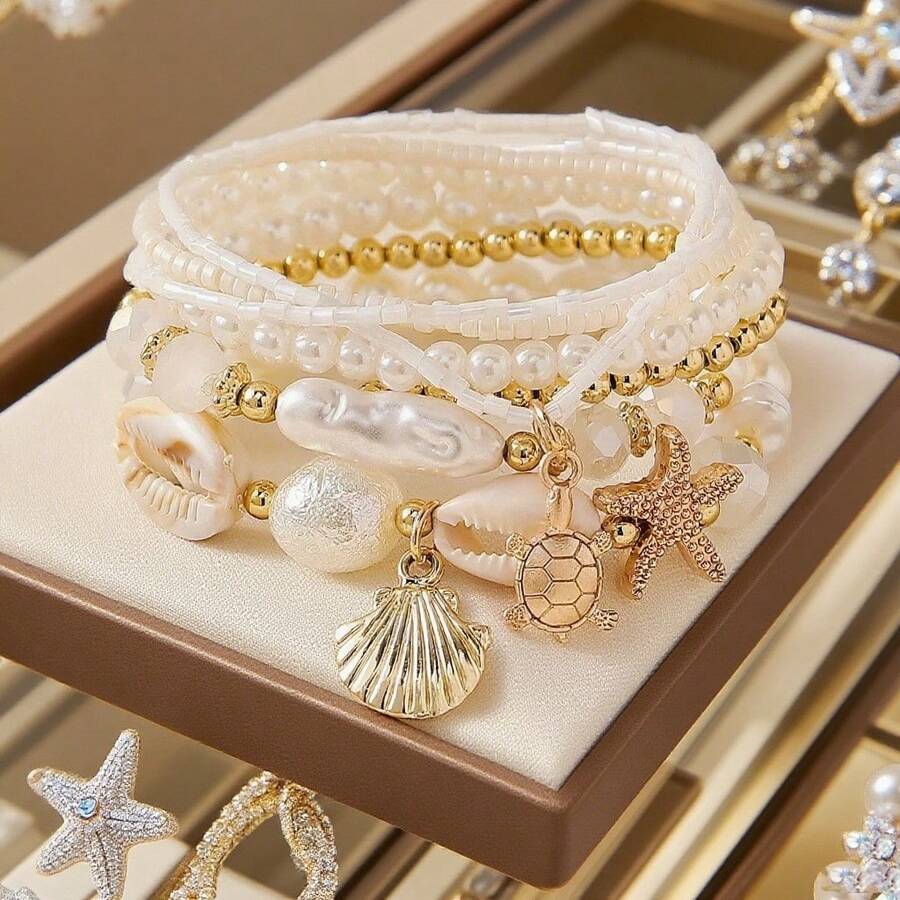 7pcs/Set Seashells, Pearls & Starfish Beads Layered Bracelet Set, Boho ...