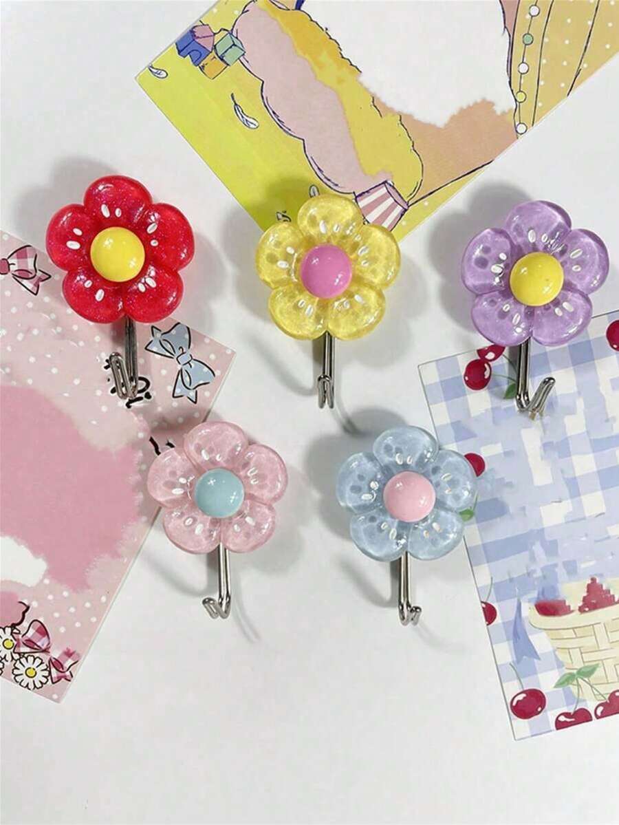 1/3/5pcs, Flower Style, Hook, Cute, Bright Surface, Suitable For Dormitory, Bathroom, Bedroom ...