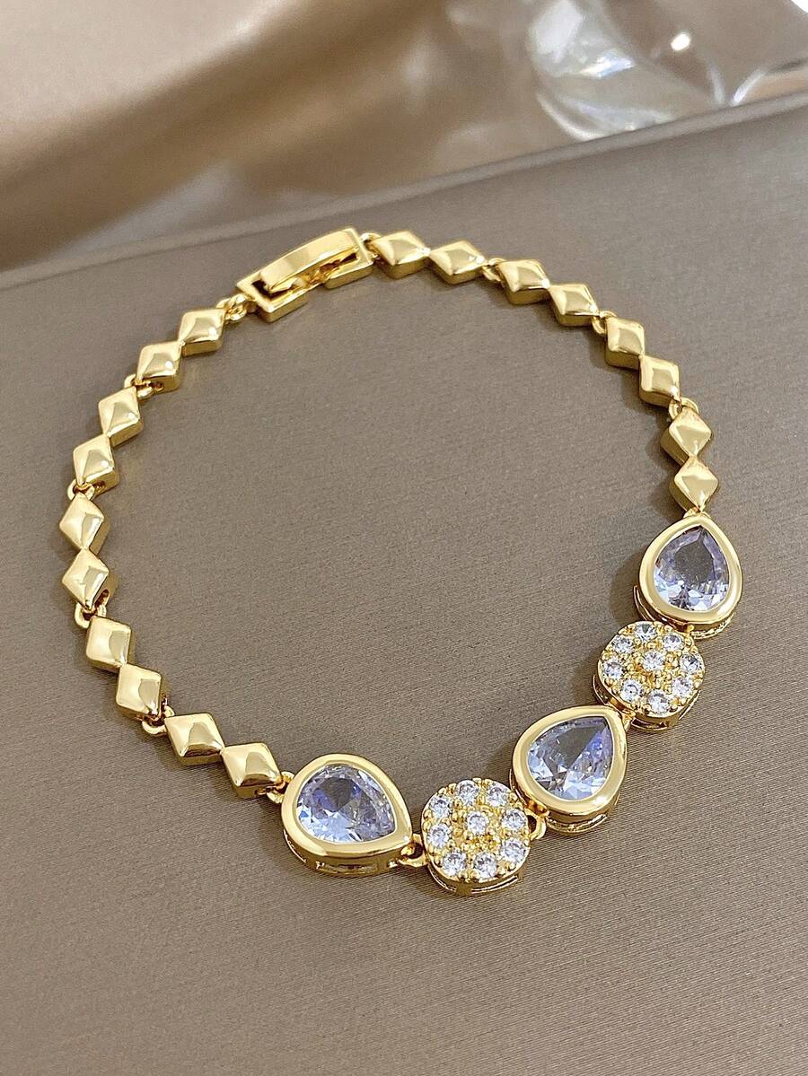 1Pc Luxury Elegant 18K Gold Plated Stainless Steel Zirconia Teardrop Bracelet For Women, Diamond ...