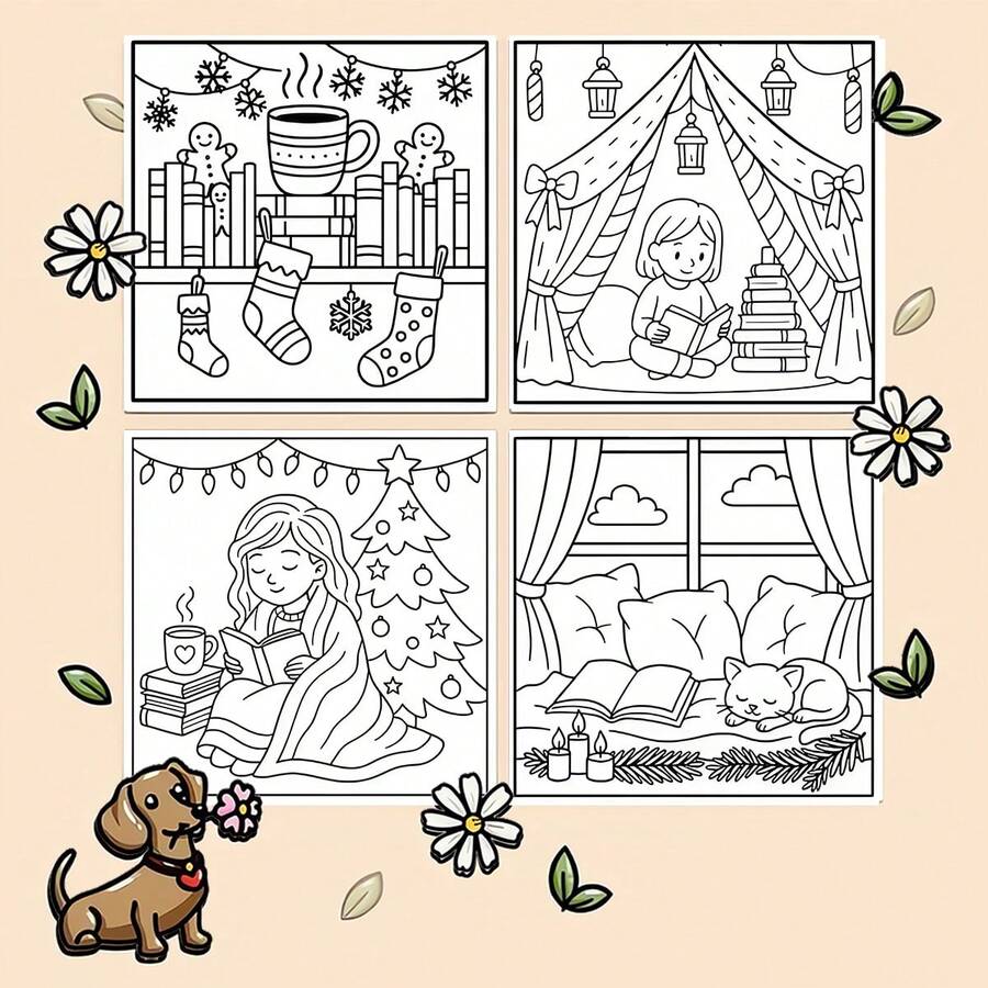Holiday Themed Coloring Book - Cozy Reading Corner, Christmas Books And ...