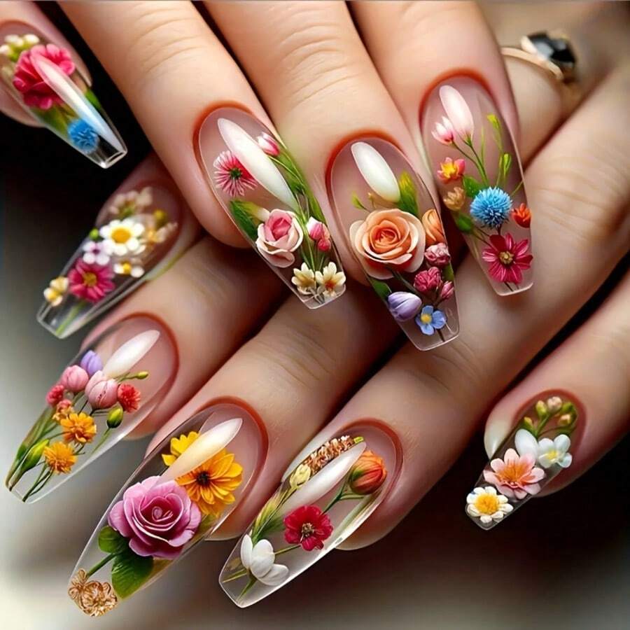 24 Pieces Of 3D Floral Nail Stickers - Square Medium-Length Glossy ...