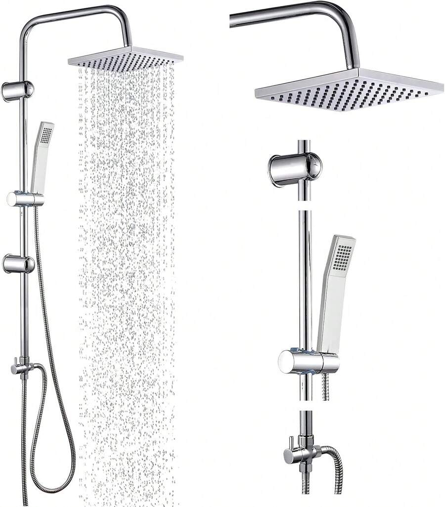 LMstarz Square Chrome Overhead Rain Shower Kit Dual Rigid Riser ...