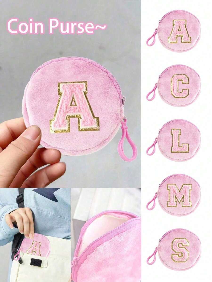 Portafoglio rotondo in peluche, lettere iniziali ricamate in rosa da A ...