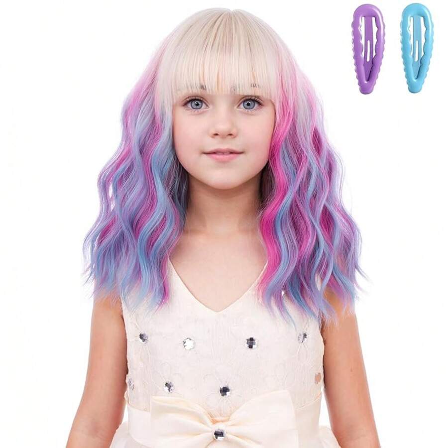 Pink Wig Kids With Bangs Girls Short Curly Wavy Wig Child Light Pink ...
