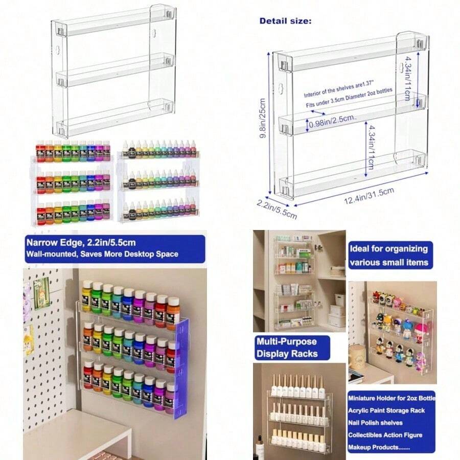 3 Tier Display Rack Clear Paint Rack WallMount No Drill Acrylic Craft ...