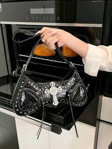 1 Pc Crocodile Pattern Leather Black Purse Handbag, Y2K Cross Decor ...