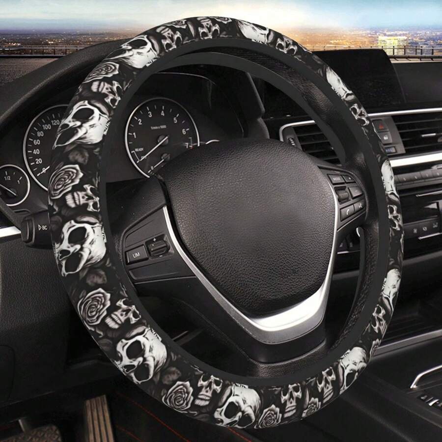 [Skull Steering Cover] 15 Inch Polyester Skull And Rose Elastico Car ...