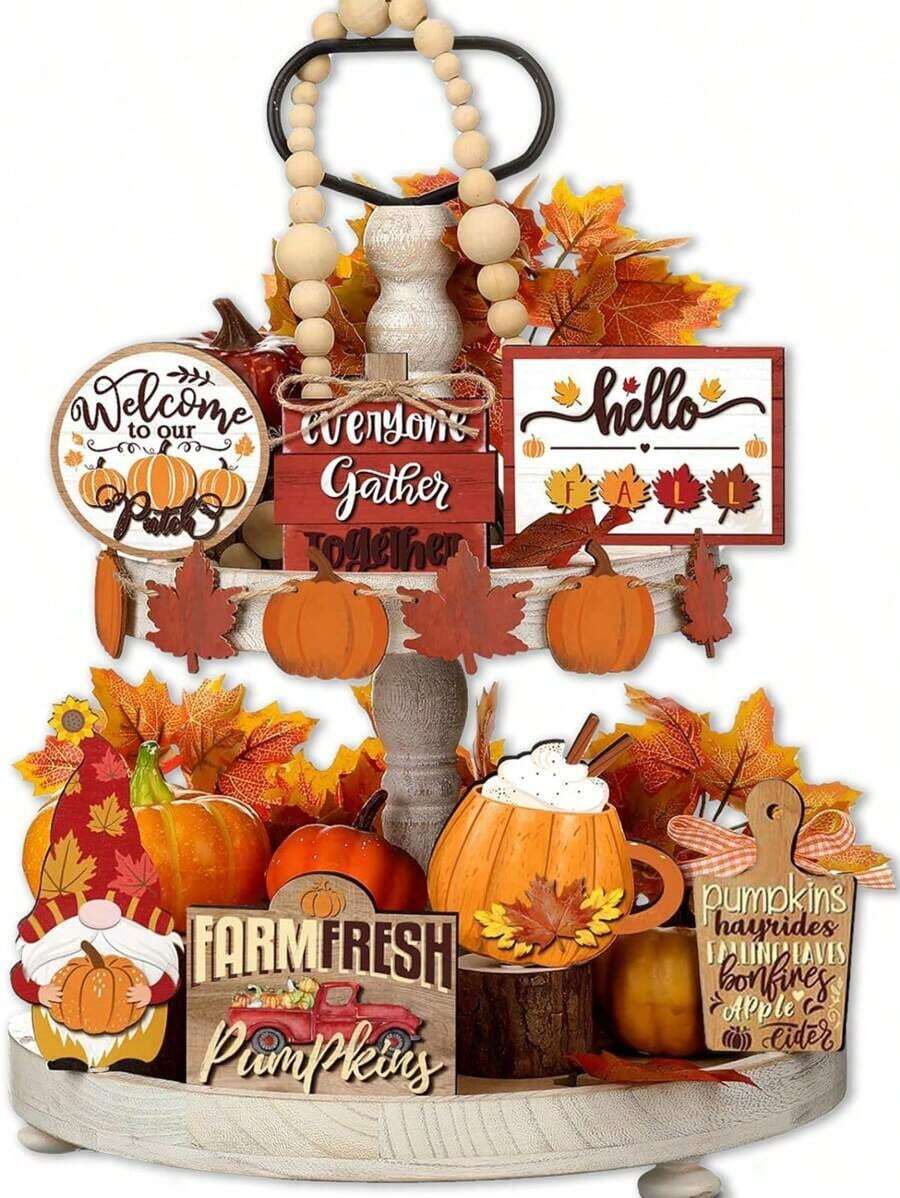 13Pcs/Set Hello Fall Wooden Tiered Tray Decorations For Autumn Holiday ...