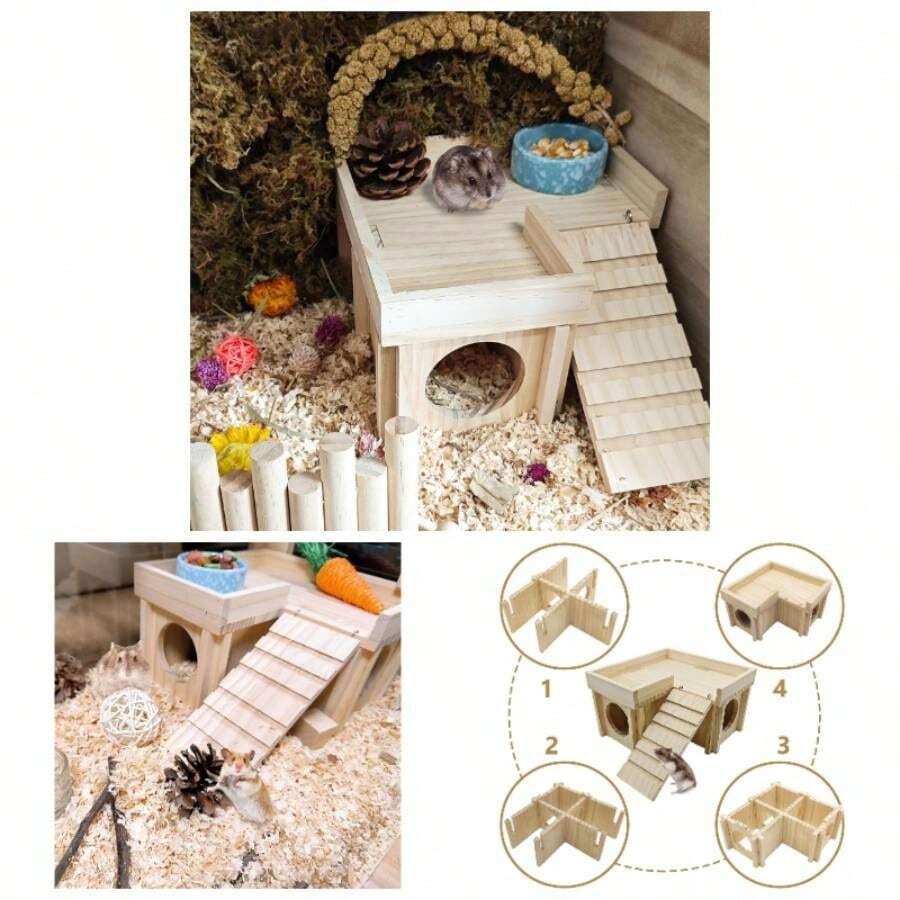 Wooden Hamster Hideout Hamster Wood House With Ladder Hides Platform ...