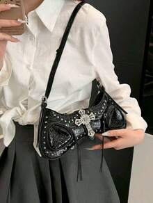 1 Pc Crocodile Pattern Leather Black Purse Handbag, Y2K Cross Decor ...