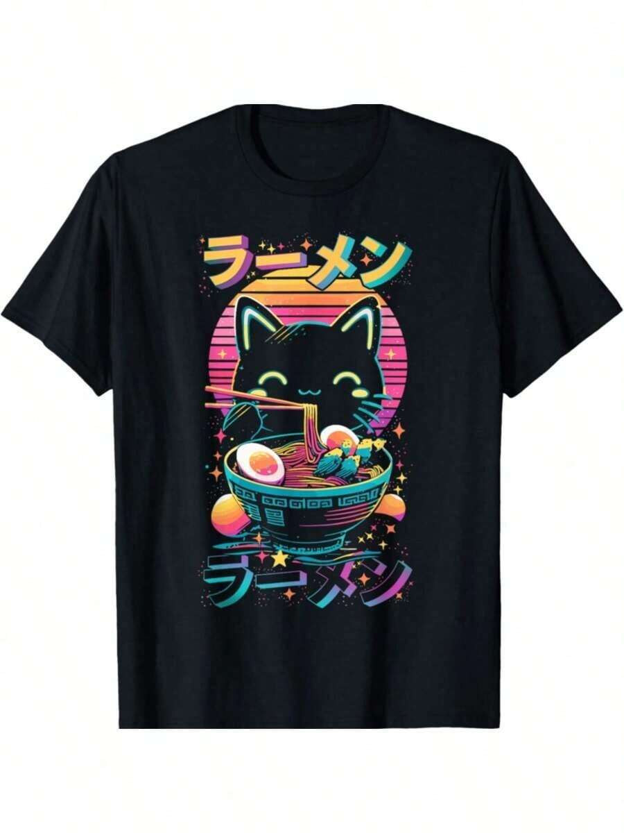 Camiseta de anime de gato comiendo ramen, gato de ramen japonés ...