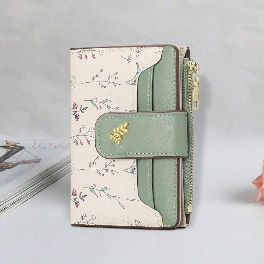Suphiar Leaf Shaped Metal Button Tri-Fold Coin Wallet For Cards Card ...