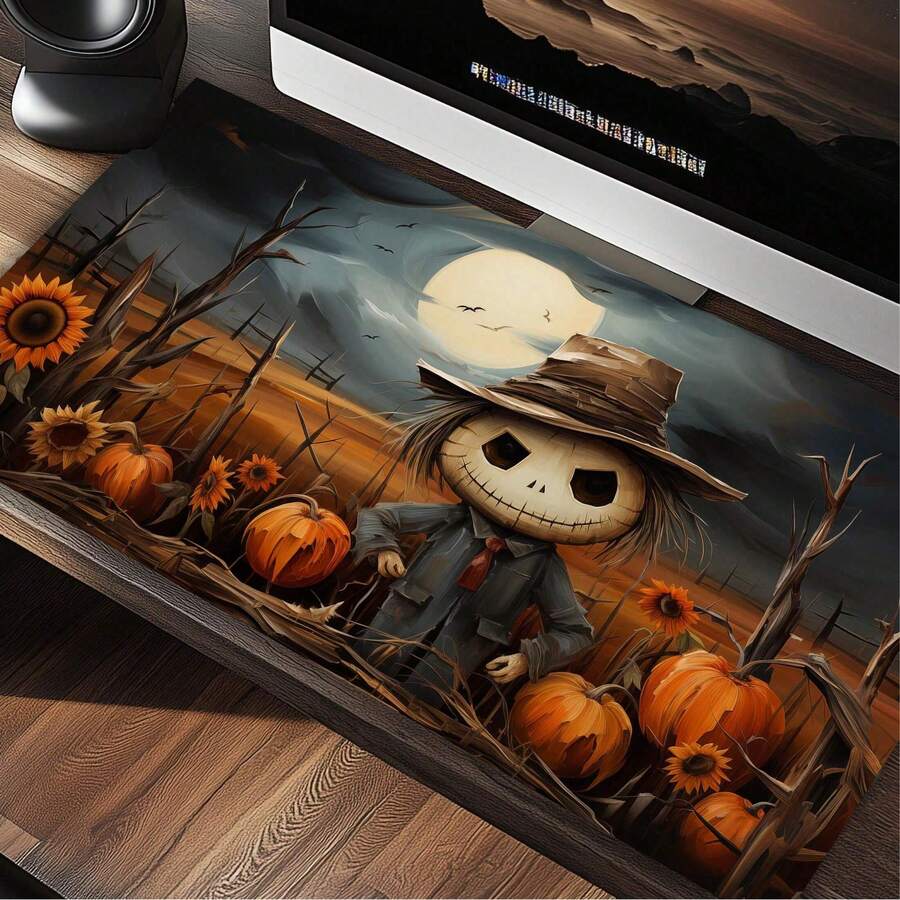 1pc Cute Spooky Scarecrow Desk Mat, Pumpkin Patch & Sunflowers - Cozy ...