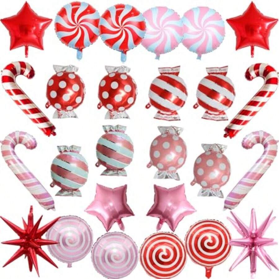 Christmas Candy Foil Balloons Set 26Pcs Pink And Red Xmas Round Candy ...