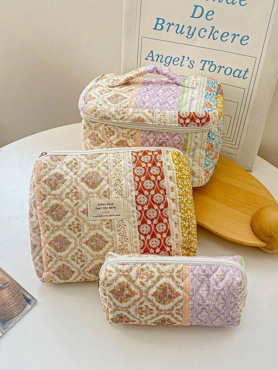 1 PC Brown Patchwork Floral Quilted Makeup Pouch Make Up Bag Cosmetic ...