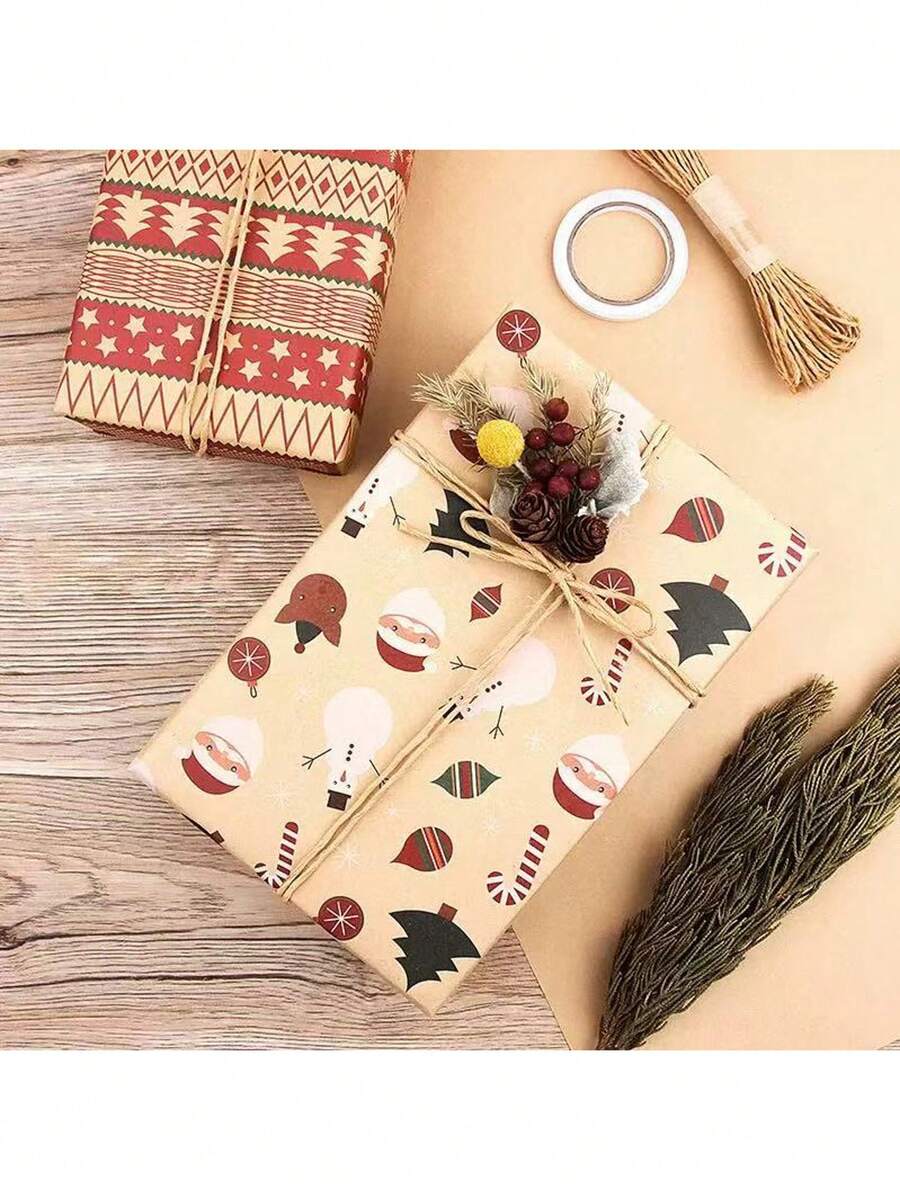 6 Pcs Christmas Wrapping Paper - Brown Watercolor Painting, Cedar ...