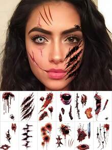 12 Sheets Fake Scars Halloween Temporary Tattoos Fake Stitches Zombie ...