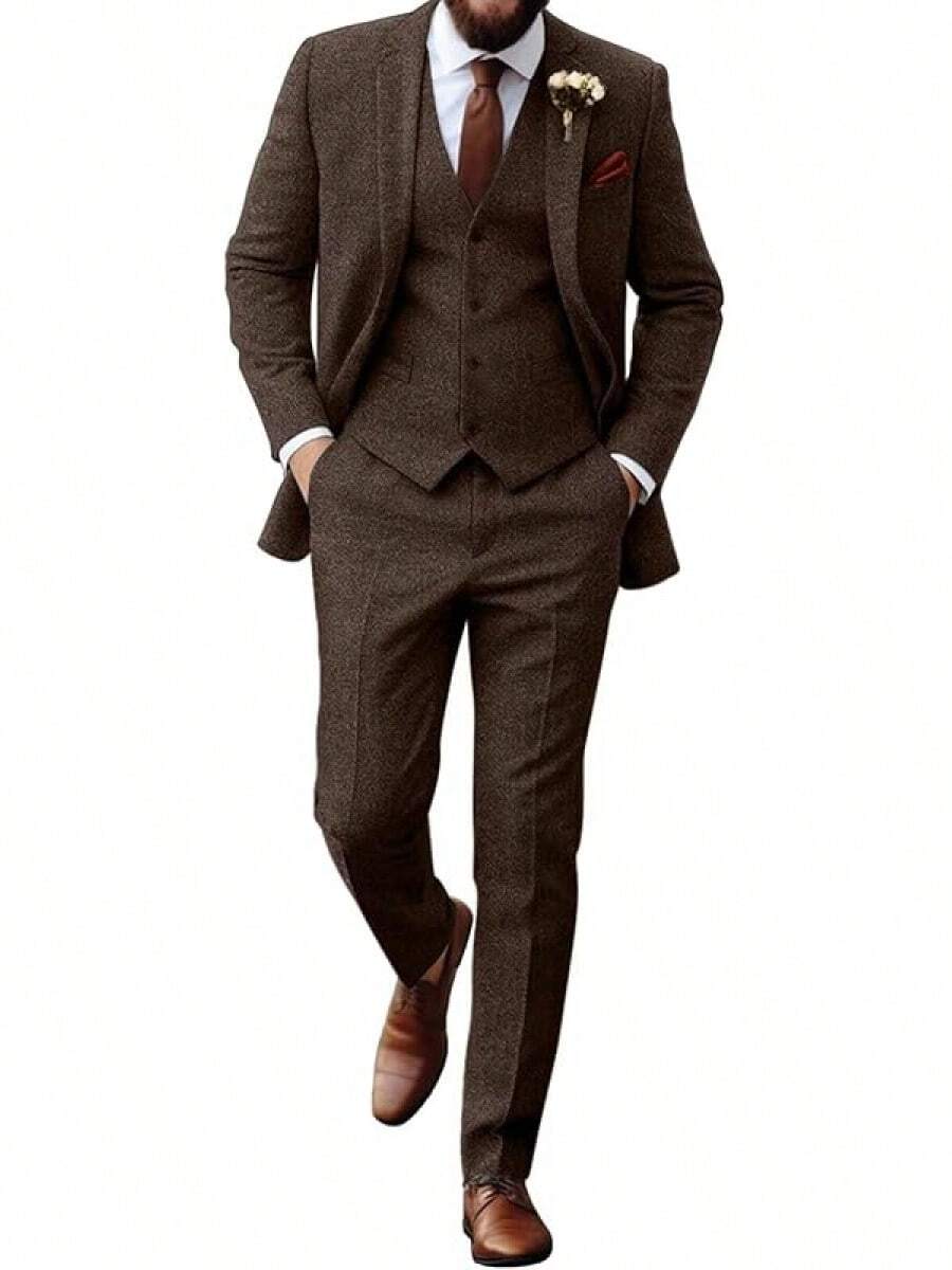 Retro Tweed Herringbone Suit For Men Slim Fit 3 Pieces Mens Suit Groom ...