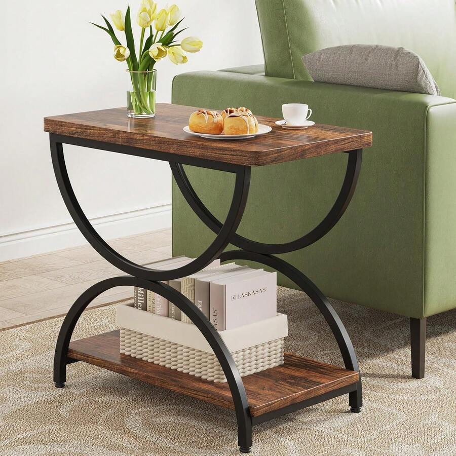 2-Tier End Side Table With Stylish Metal Frame, Vintage Rectangular ...
