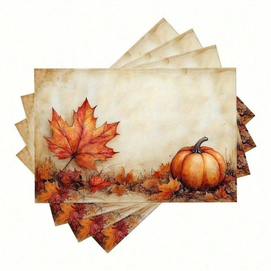 4pcs Autumn Linen Placemats - Maple Leaves & Pumpkin Watercol Design ...