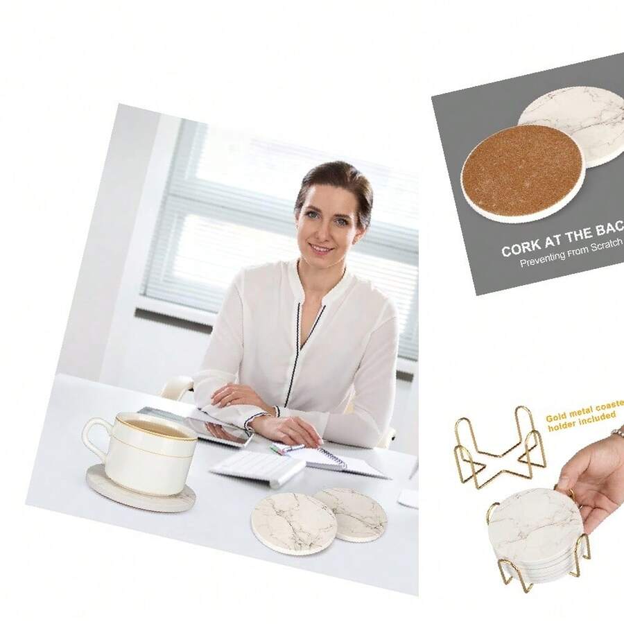 6-Pack White Round Ceramic Absorbent Coaster Set With Holder For Bar ...