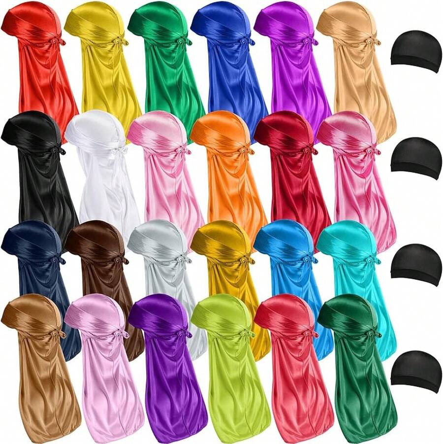28 Pcs Silky Durags Set Includes 24 Satin Durag For Men Women Long Tail Headwraps With 4 Elastic ...