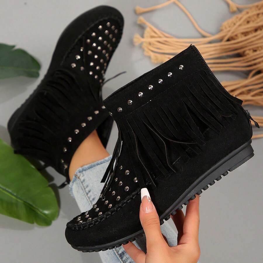Western Big Size Rivet Flat Bottom Fringe Cotton Boots Autumn And ...