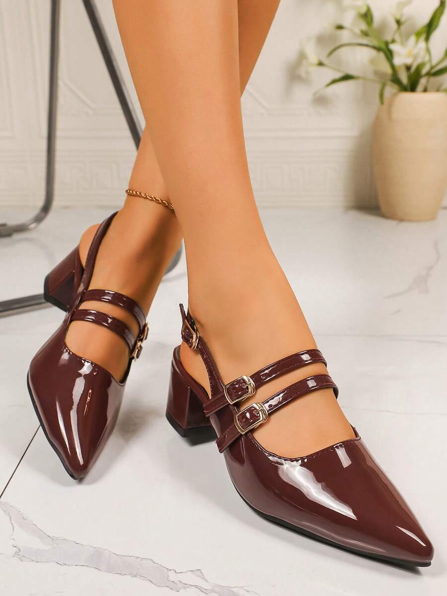 Women's Wine Red Patent Leather Mary Jane Slingback Heeled Sandals ...