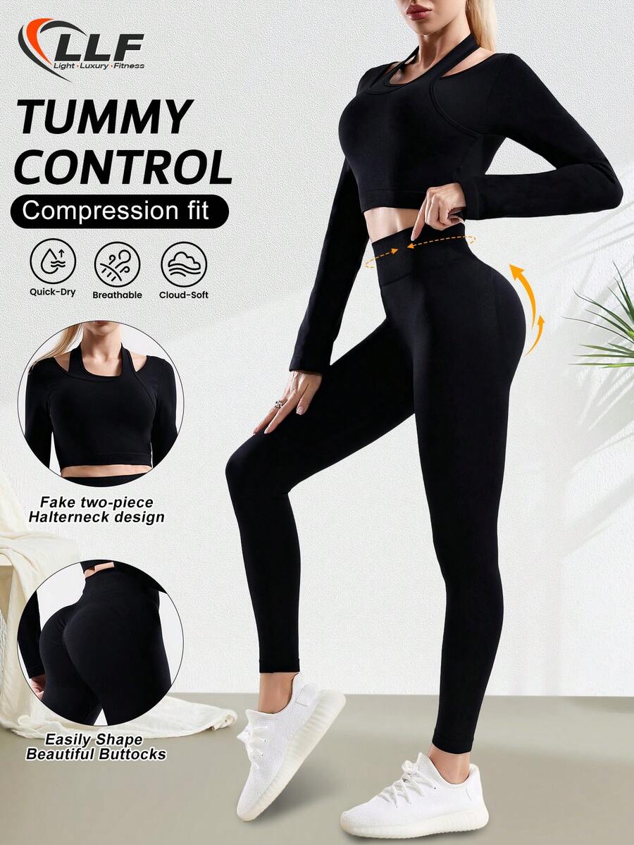 Conjunto de Ioga Sem Costura para Mulheres LLF, Com Design Slim de Alça ...